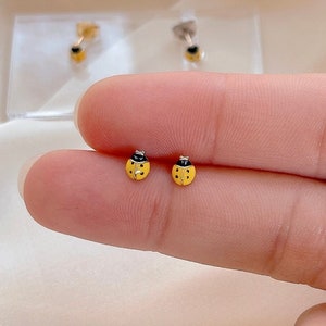 Sterling Silver Tiny Ladybug Stud Earrings, Yellow Enamel Ladybug Post ...