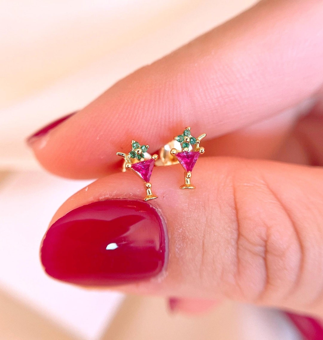 CZ Martini Glass Earrings 18K Gold Plated Sterling Silver Mini Pink ...