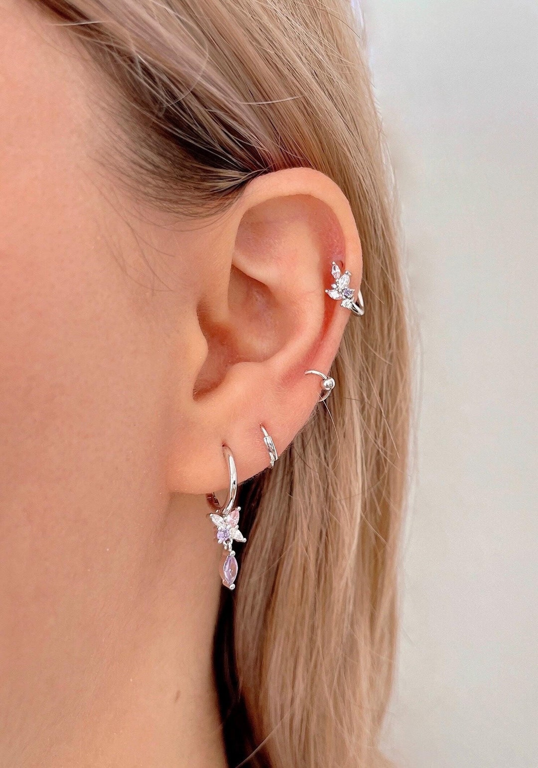 Marquise Cz Leaf Earring, Sparkling Olive Leaf Branch Cartilage Earring, Sterling Silver 18G ...