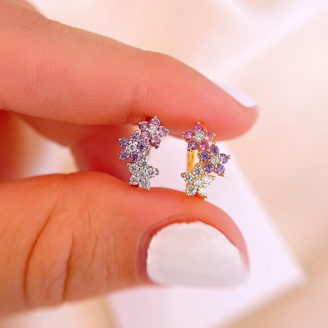 Triple Flower Hoop Earring Sterling Silver 18G Cartilage Earring Purple ...