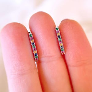 Rainbow CZ Lobe Ear Cuff Stud Earrings Sterling Silver Bar Suspender ...