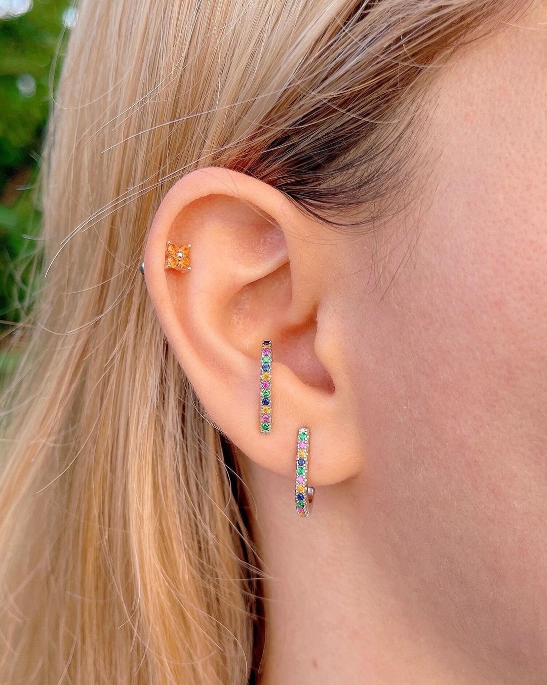 Rainbow CZ Lobe Ear Cuff Stud Earrings Sterling Silver Bar Suspender ...
