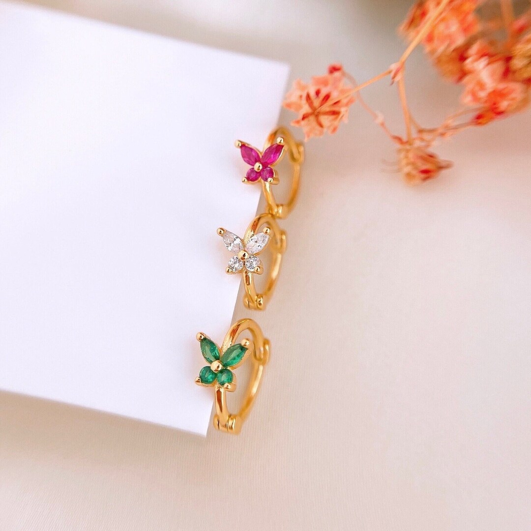 Sterling Silver Butterfly Huggie Hoop Earring, CZ, Helix Cartilage ...
