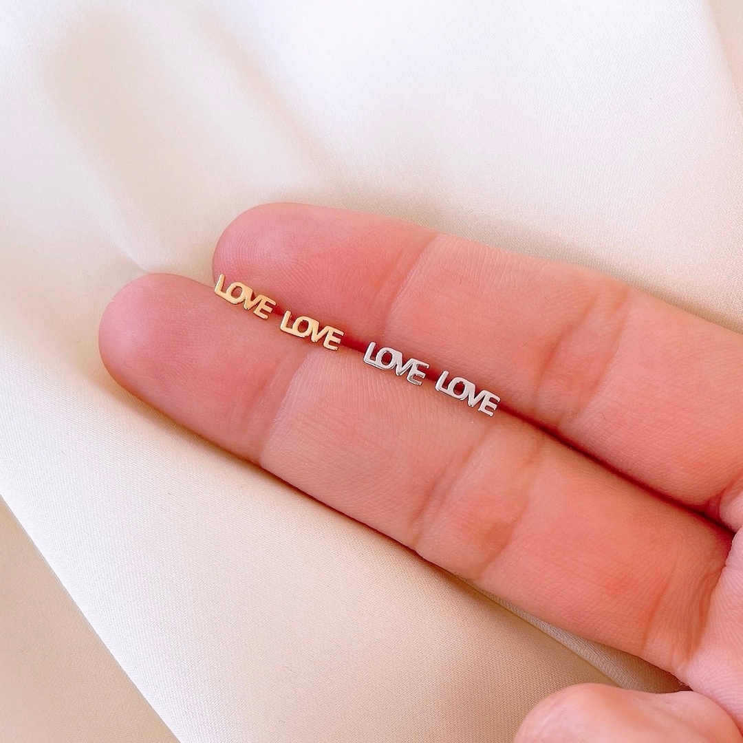 Sterling Silver LOVE Stud Earrings, Gold Plated Cute Small Word Love ...