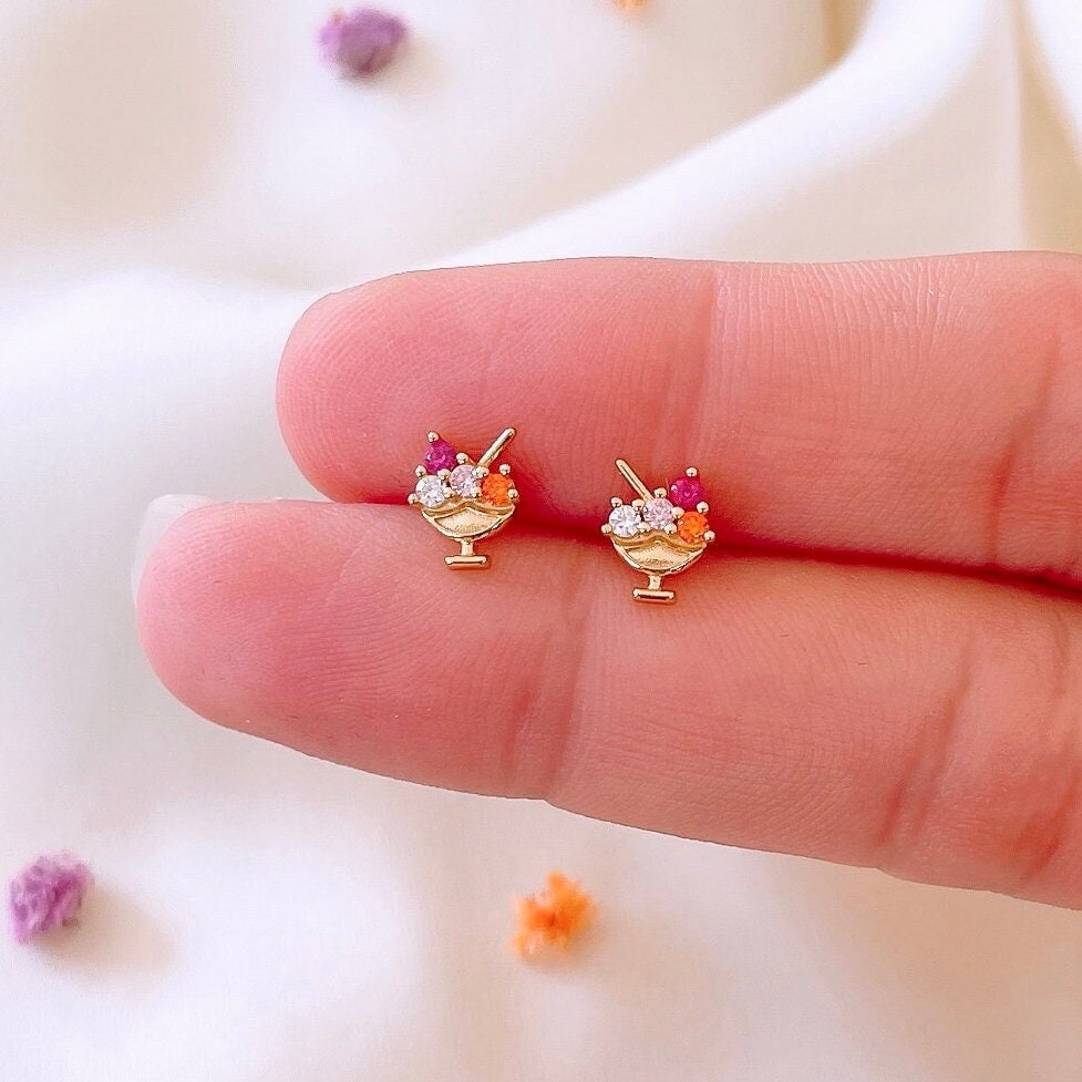 KokiuJewelry Tiny Ice Cream Bowl Stud Earrings in Gold Plated Sterling Silver Pink and Orange CZ Studs Cute Miniature Food Jewelry Summer Gift for Her