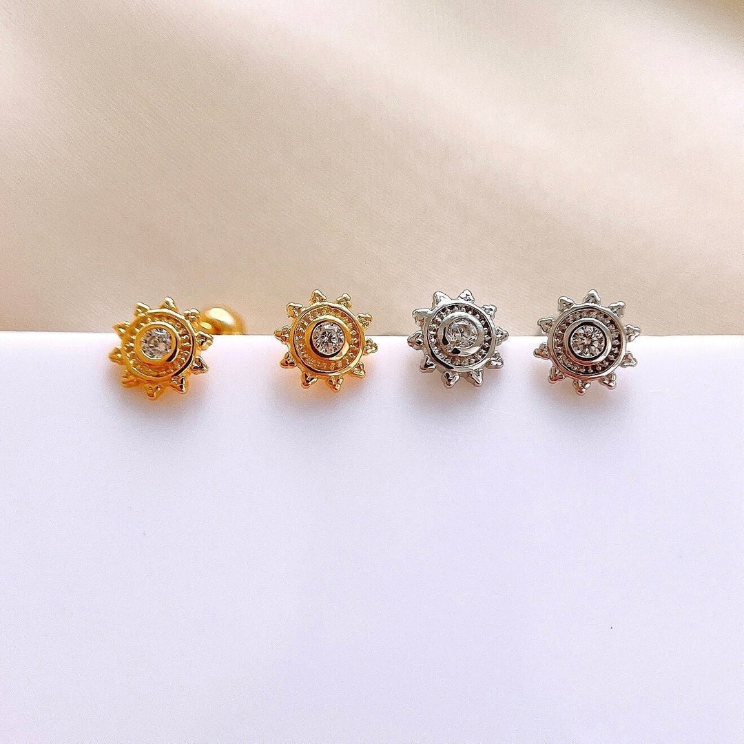 Tiny Cz Sun Cartilage Piercing, Sterling Silver 18G Sun Helix Piercing ...