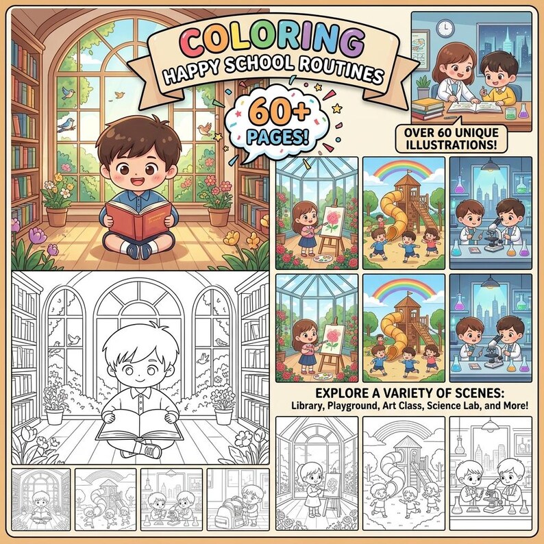 Happy School Routines Coloring Book | 60 Pages for Kids (digital ...