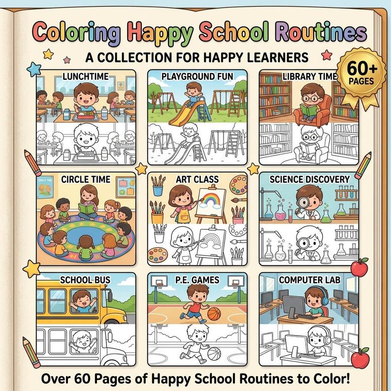Happy School Routines Coloring Book | 60 Pages for Kids (digital ...