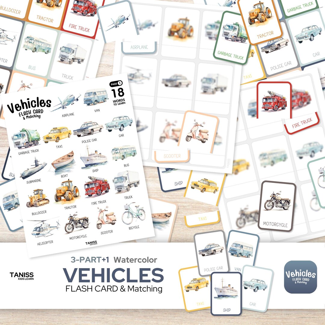 Vehicles Flash Cards,matching Picture,water Color,nomenclature Card 3 ...