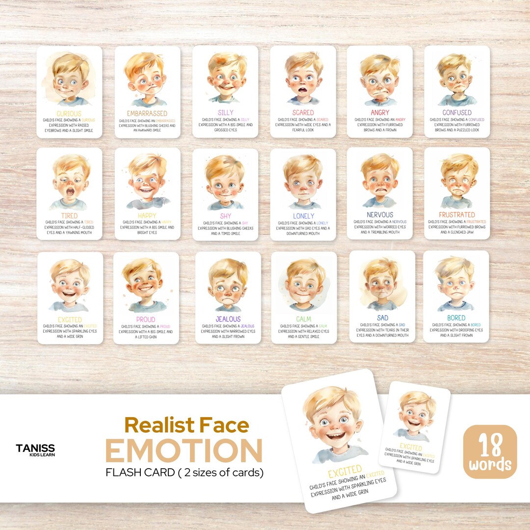 18 Emotion Realist Face Flash Cards – Montessori-inspired 3-part ...