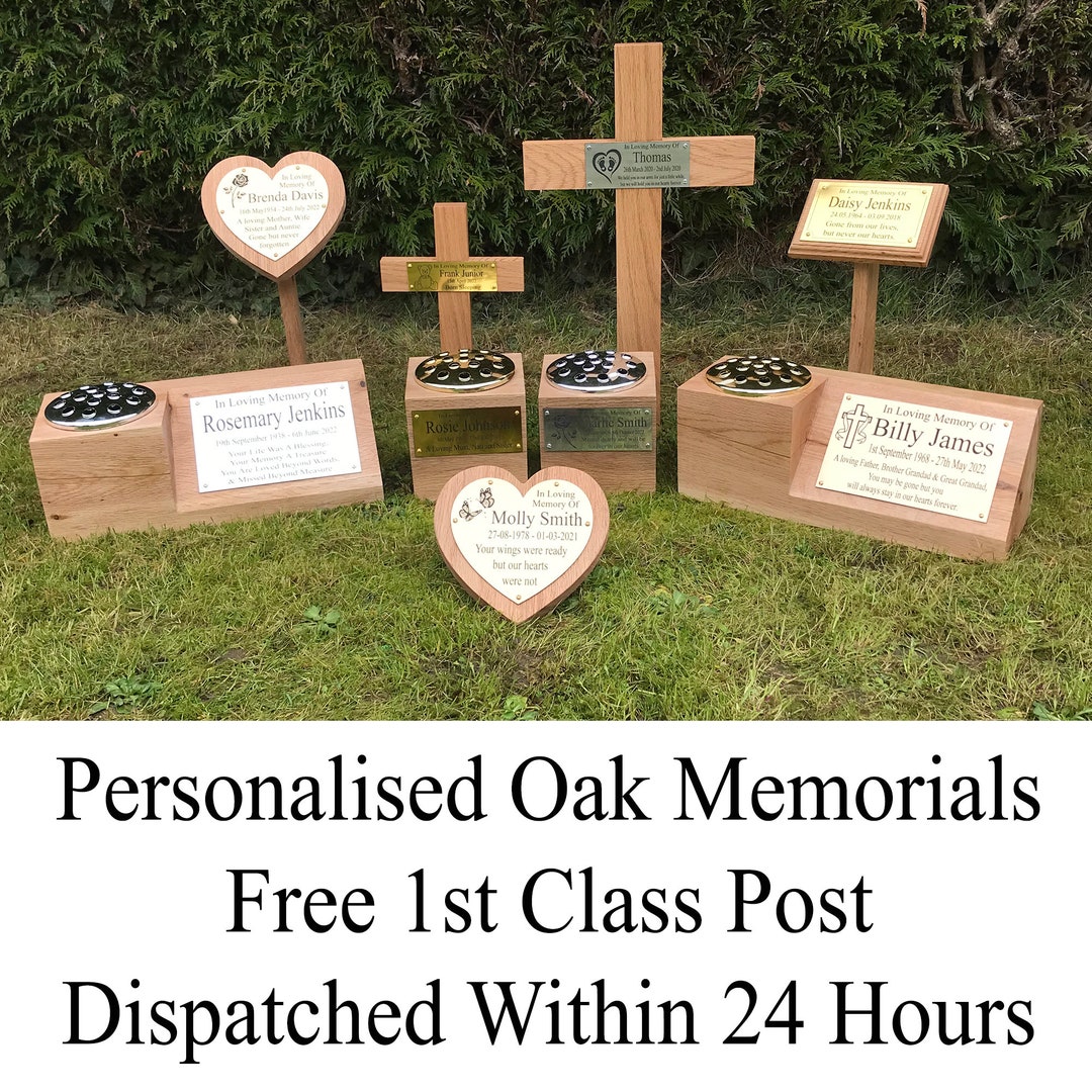 Personalised Memorial Solid Oak Cross, Heart, Vase With Plaque - Etsy UK