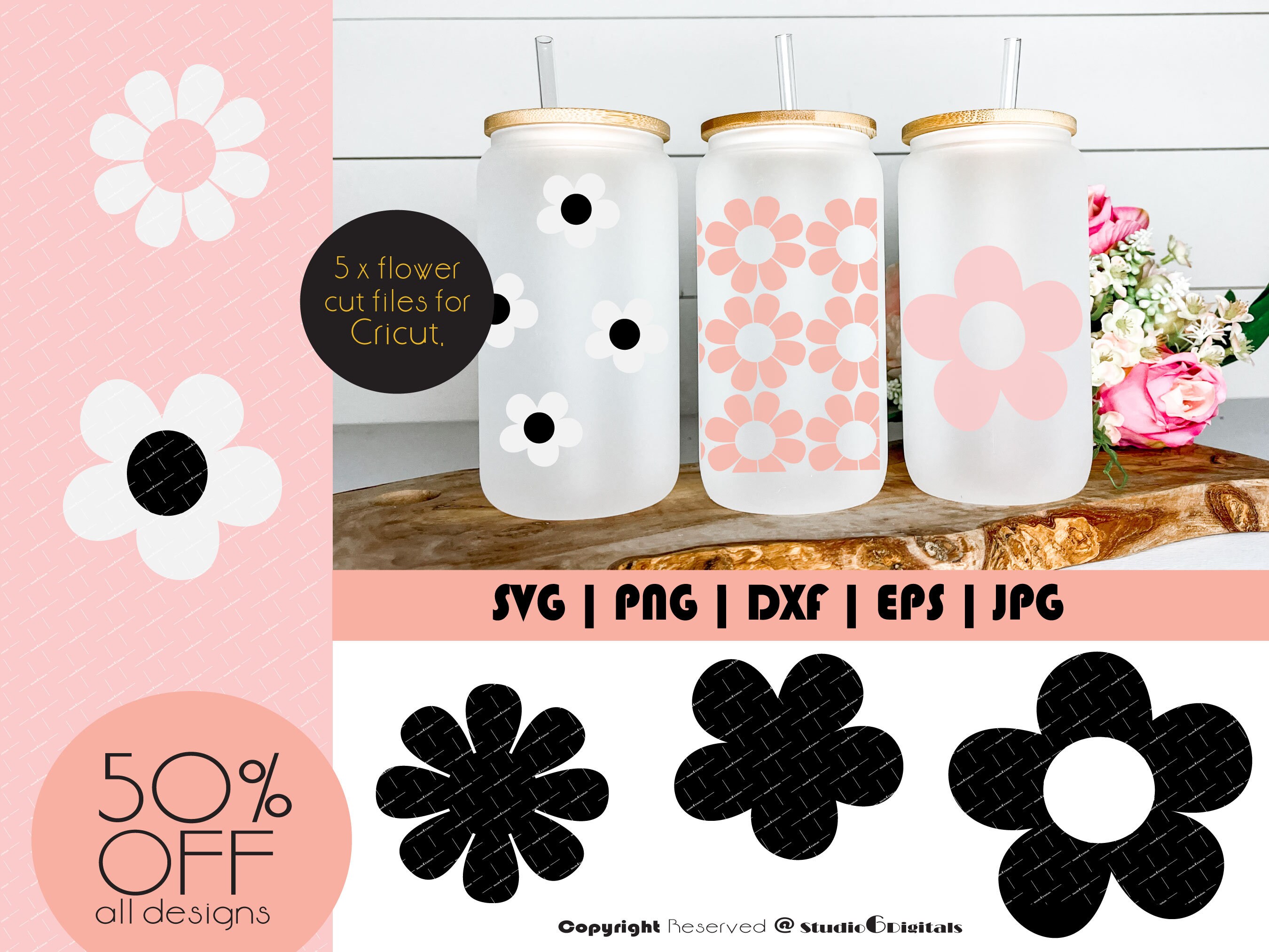 Cute Daisy Bundle-5 Flowers Svg-cut File-daisy Silhouette-clipart-cute ...
