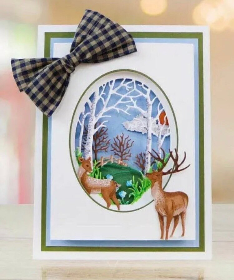 4 Oval Woodland Frame Forest Trees Scene Die Cuts Birthday Christmas ...