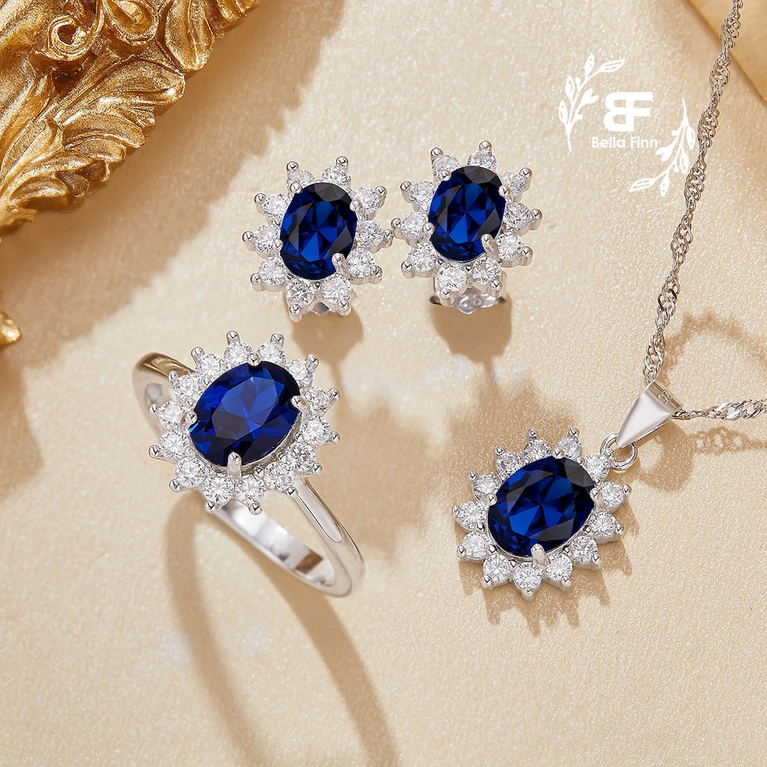 Halo Oval Simulated Blue Sapphire Jewelry Set,luxury 925 Sterling Silver Necklace Earrings Ring ...