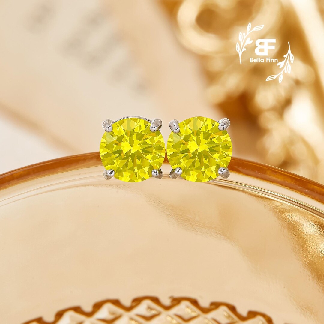 Round Dayglow Neon Yellow Fluorescent Studs Earrings, Lumogarnet 925 ...