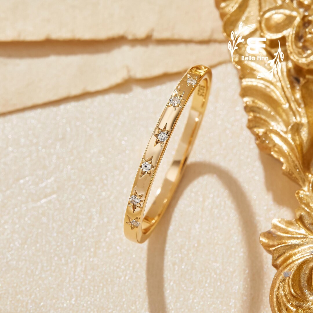 Minimalist Dainty Twinkle Stars Stackable Ring,moissanite Solid 9K 14K 18K Gold Stacker Band ...