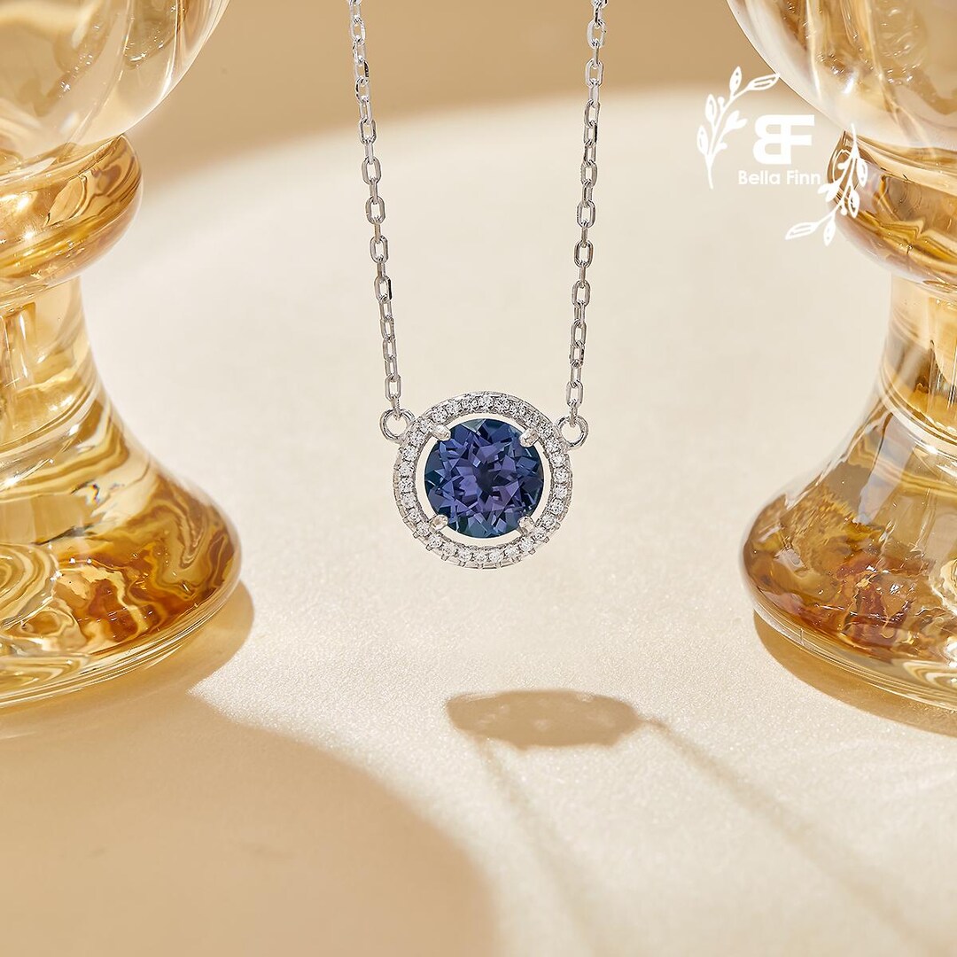 Halo Round Color Change Simulated Alexandirte Necklace,925 Sterling ...