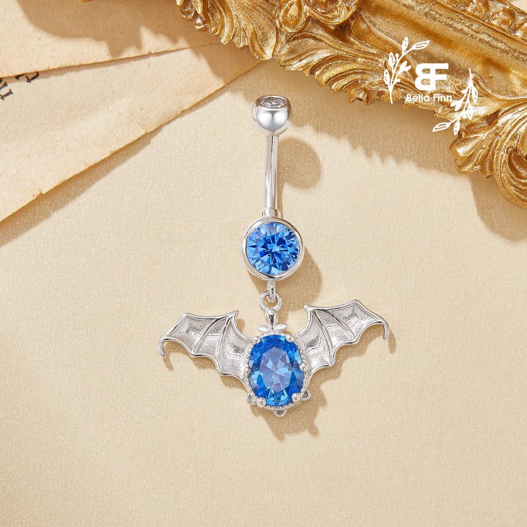 Blue CZ Stone Bat Belly Button Ring,belly Piercing,navel Bar,curved ...