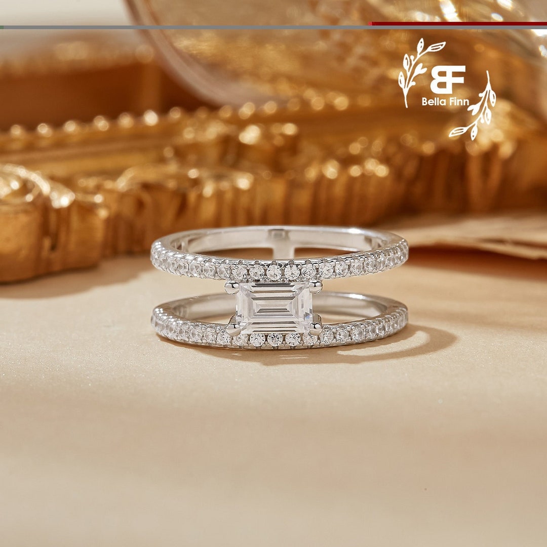 Rectangle Emerald Cut Moissanite Double Shank Engagement Ring Solid 14K ...