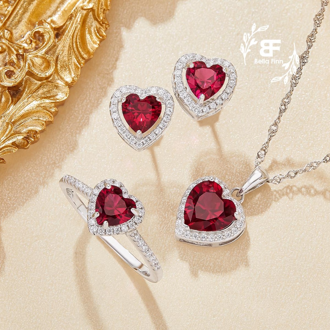 Halo Heart Simulated Ruby Jewelry Set,luxury 925 Sterling Silver ...