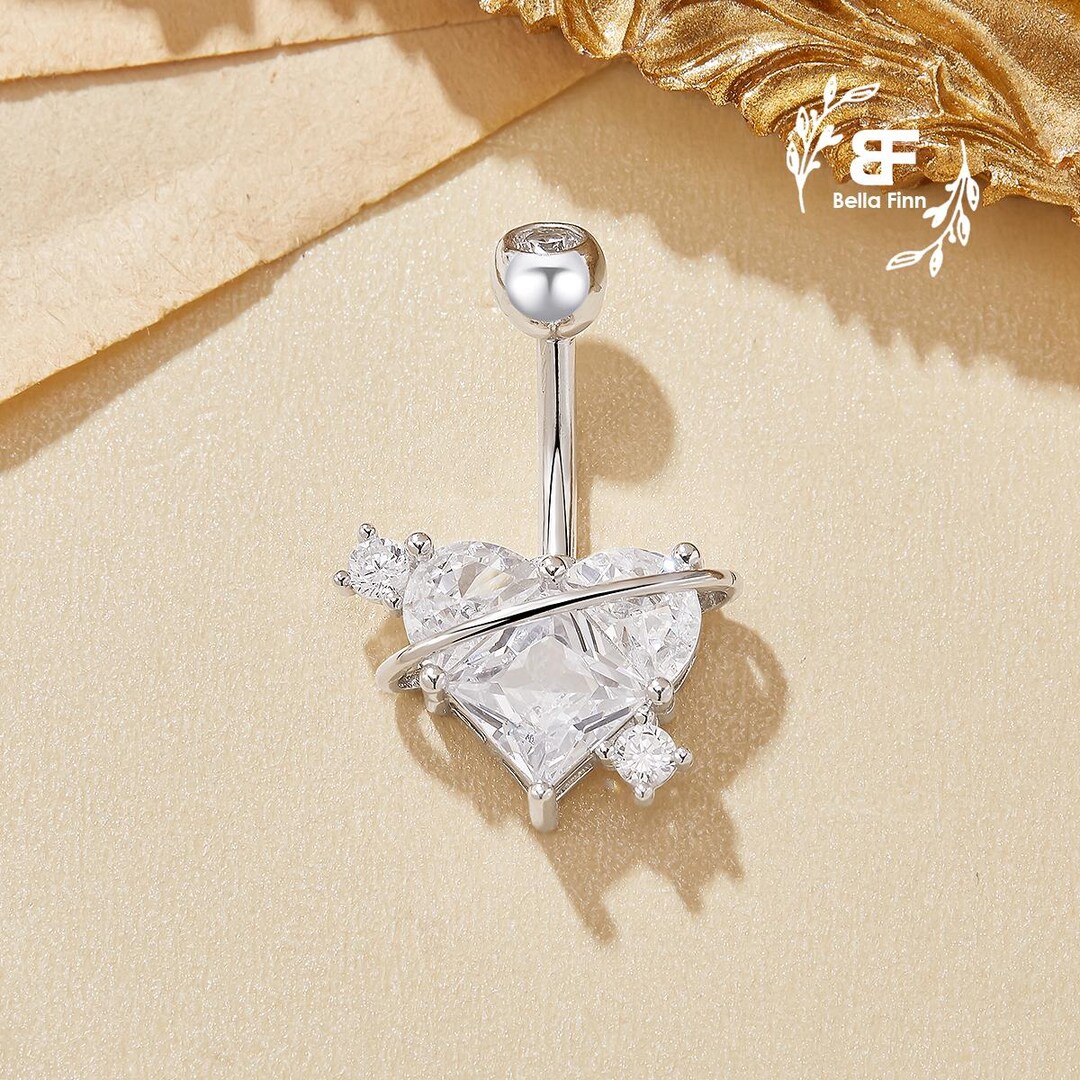 White Heart CZ Stone Belly Button Ring,belly Piercing,navel Bar,curved ...