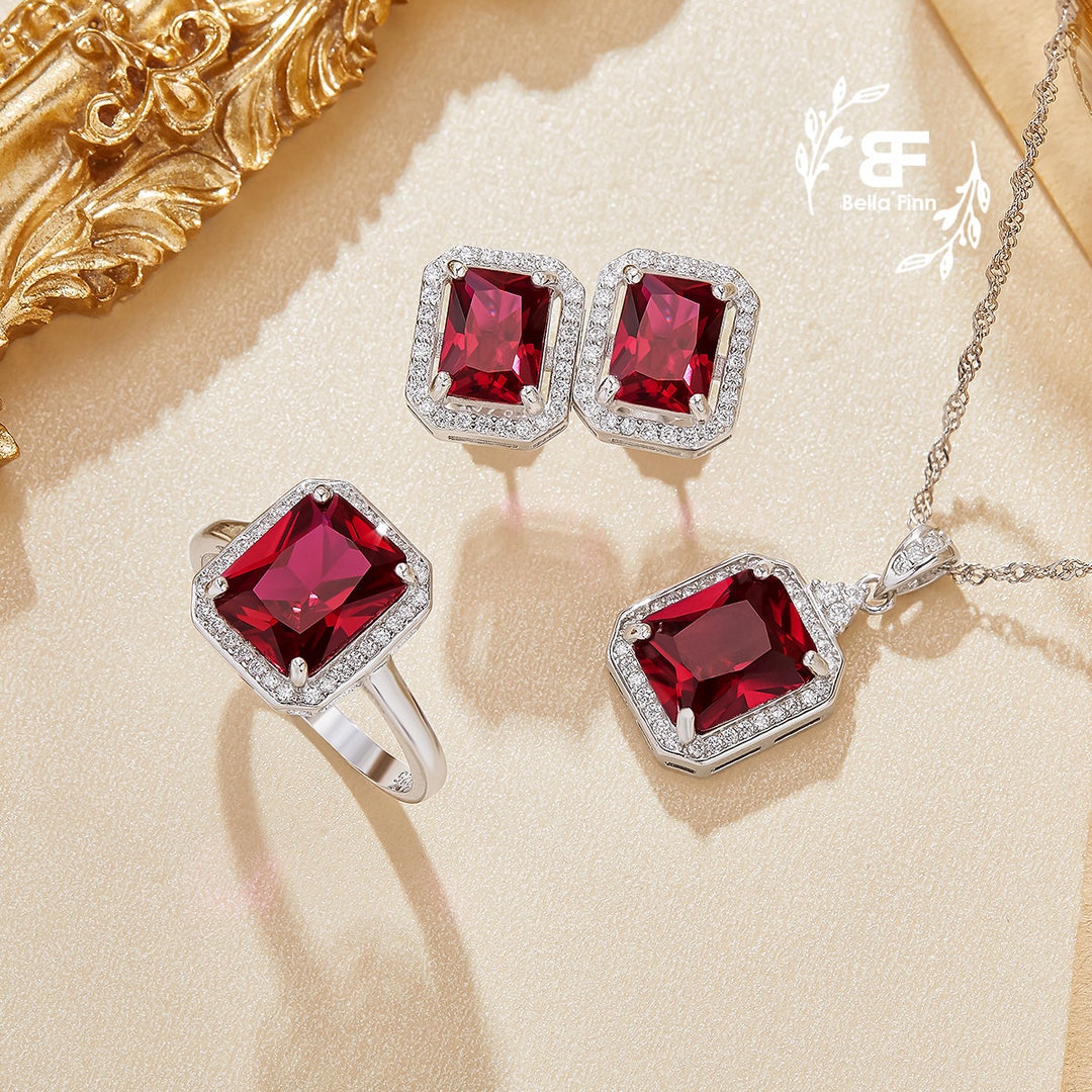 Simulated Emerald Cut Red Ruby Jewelry Set,rectangle Luxury 925 ...