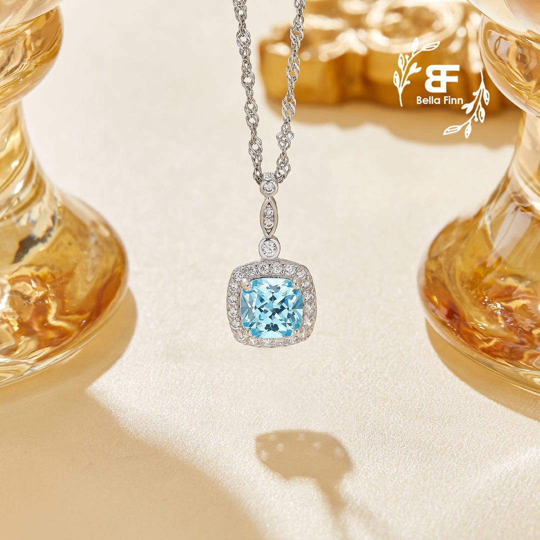 Sea Blue Square Cubic Zirconia Halo Pendant,simulated Aquamarine March ...