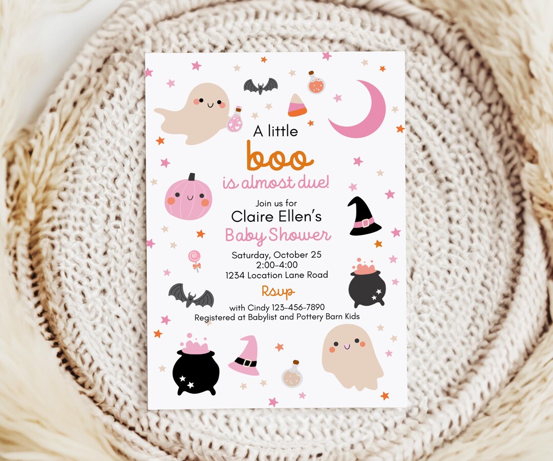 Pink Halloween Baby Shower Invitation Girl, A Little Boo is on the Way ...