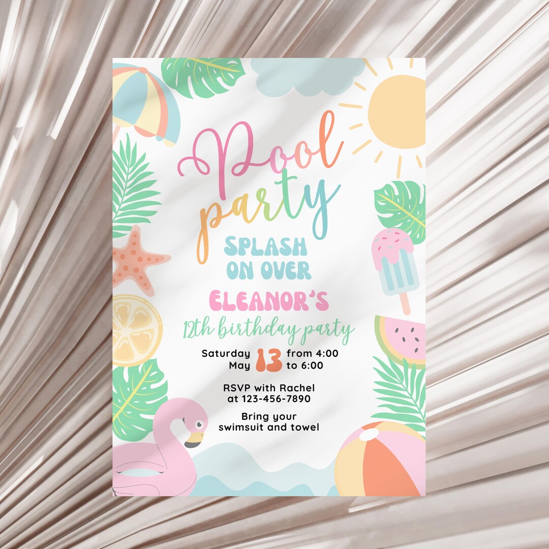 Bright Pool Party Birthday Invitation, Kids Pool Party Invitation for ...