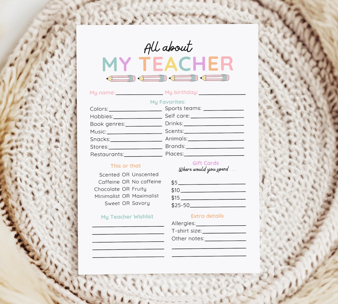 Teacher Questionnaire for Teaching Appreciation Week, Editable Back to ...