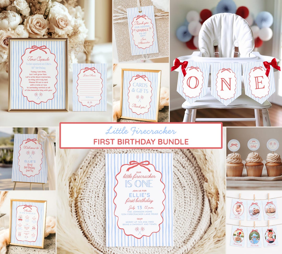 Little Firecracker 1st Birthday Invitation Bundle, 4th of July Birthday ...