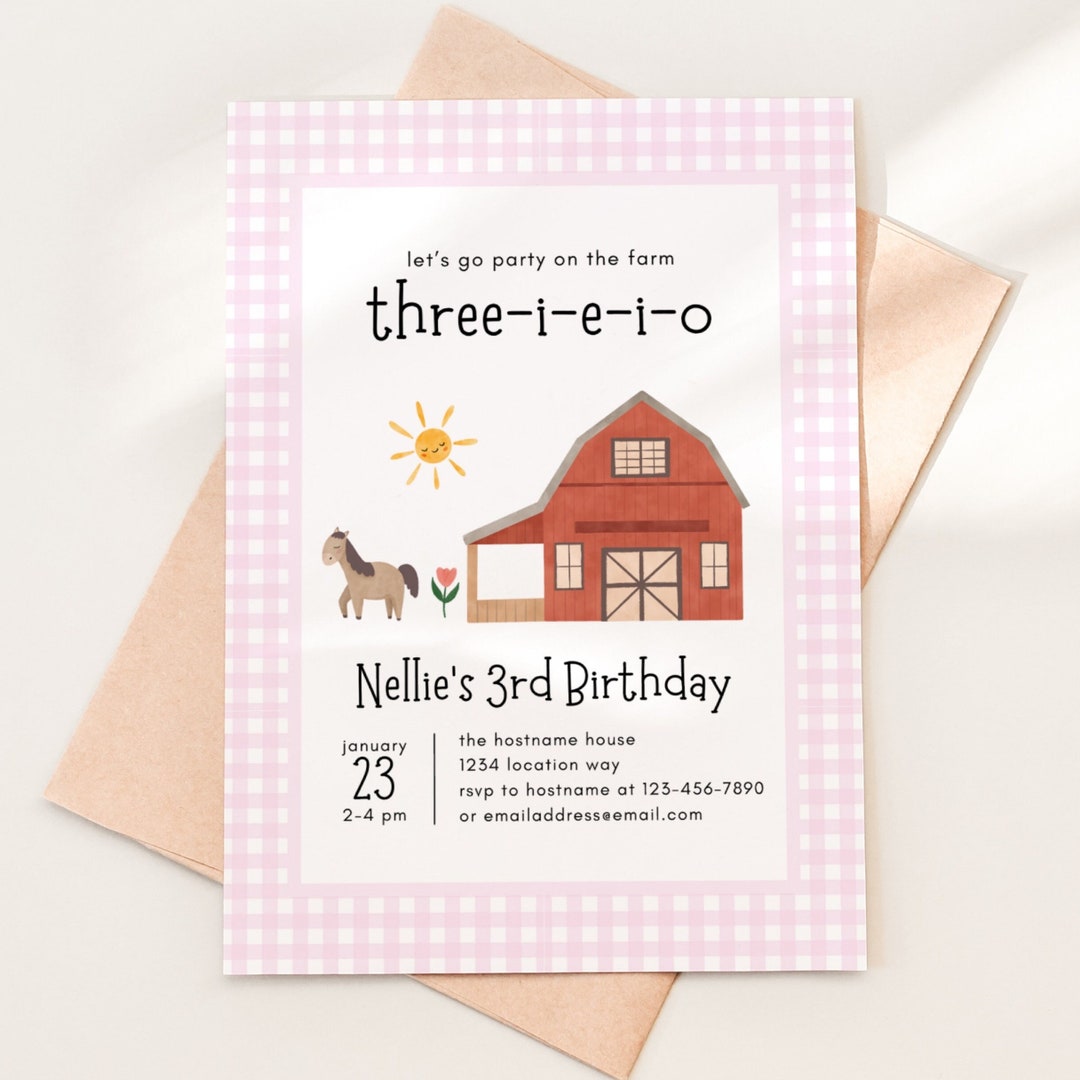 Three I E I O Birthday Invitation Farm Birthday Invitation for Girl ...
