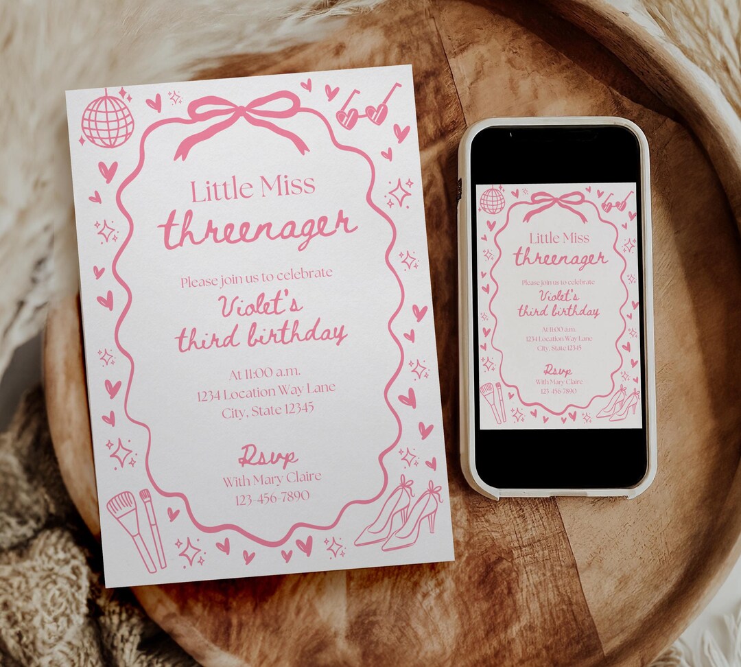 Pink Little Miss Threenager Invitation - Coquette Pink Girl 3rd ...