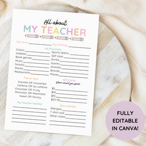 Teacher Questionnaire for Teaching Appreciation Week, Editable Back to ...