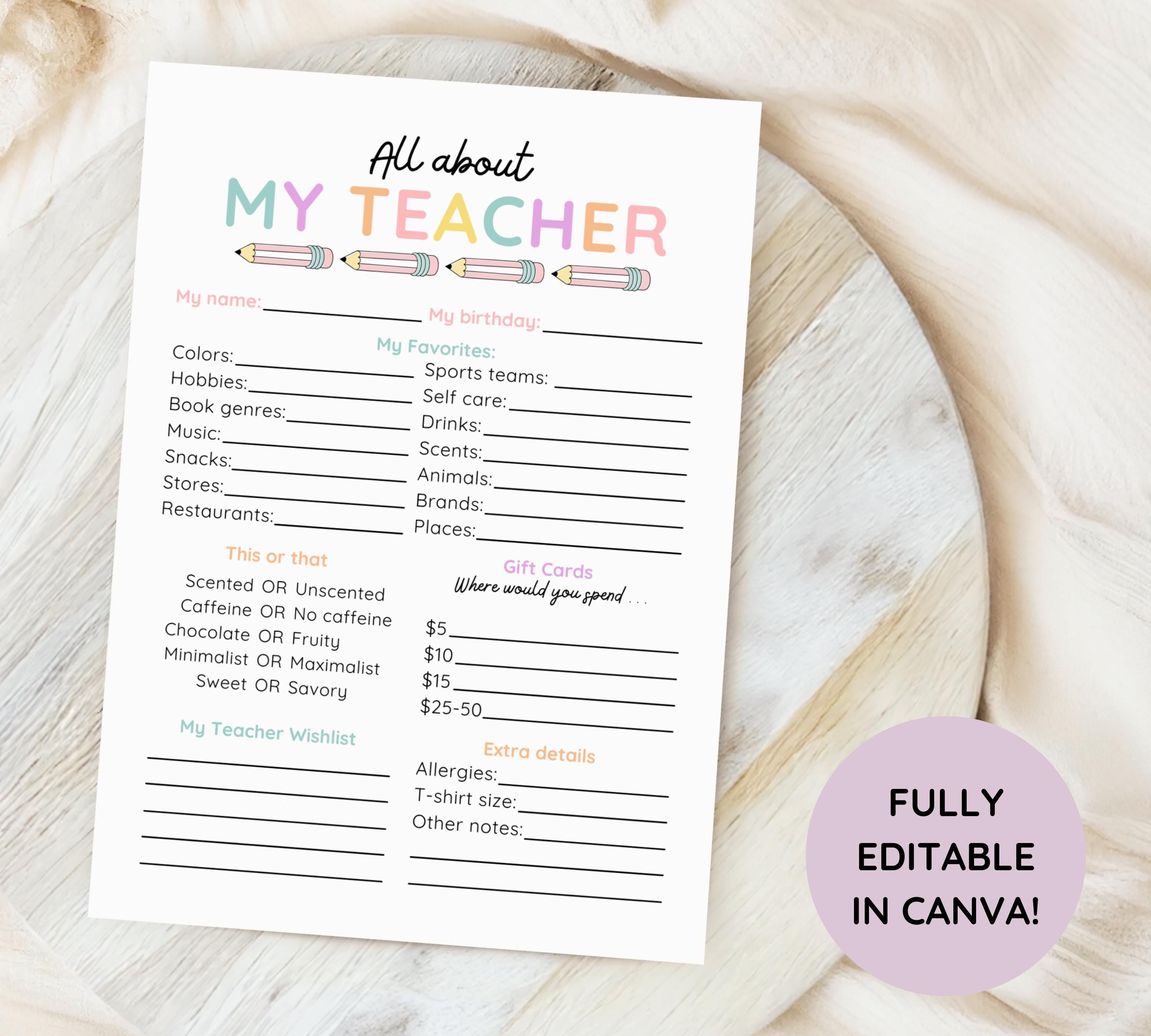 Teacher Questionnaire for Teaching Appreciation Week, Editable Back to ...