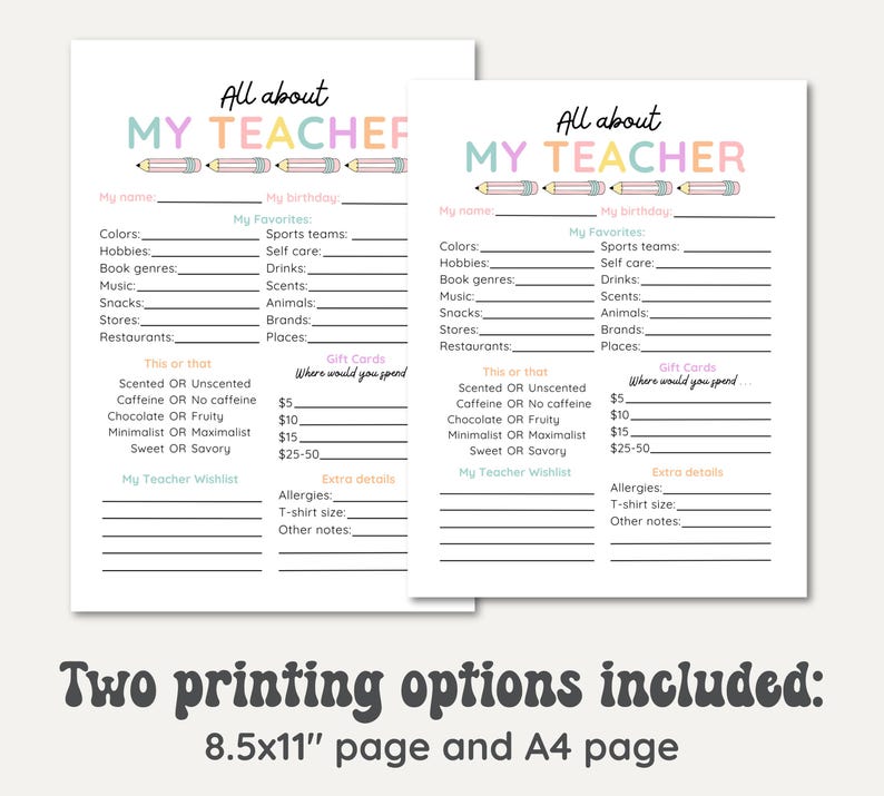 Teacher Questionnaire for Teaching Appreciation Week, Editable Back to ...