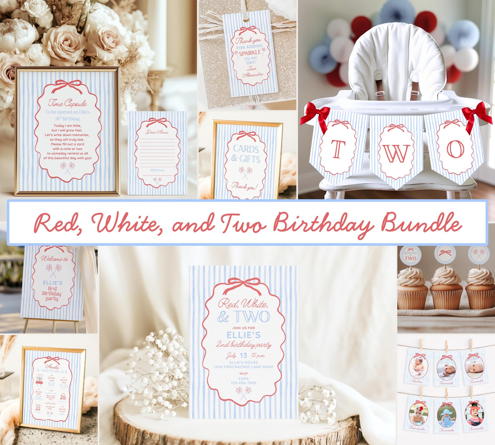 Red White and Two Invitation for Girl 2nd Birthday Bundle, Cute 2nd ...