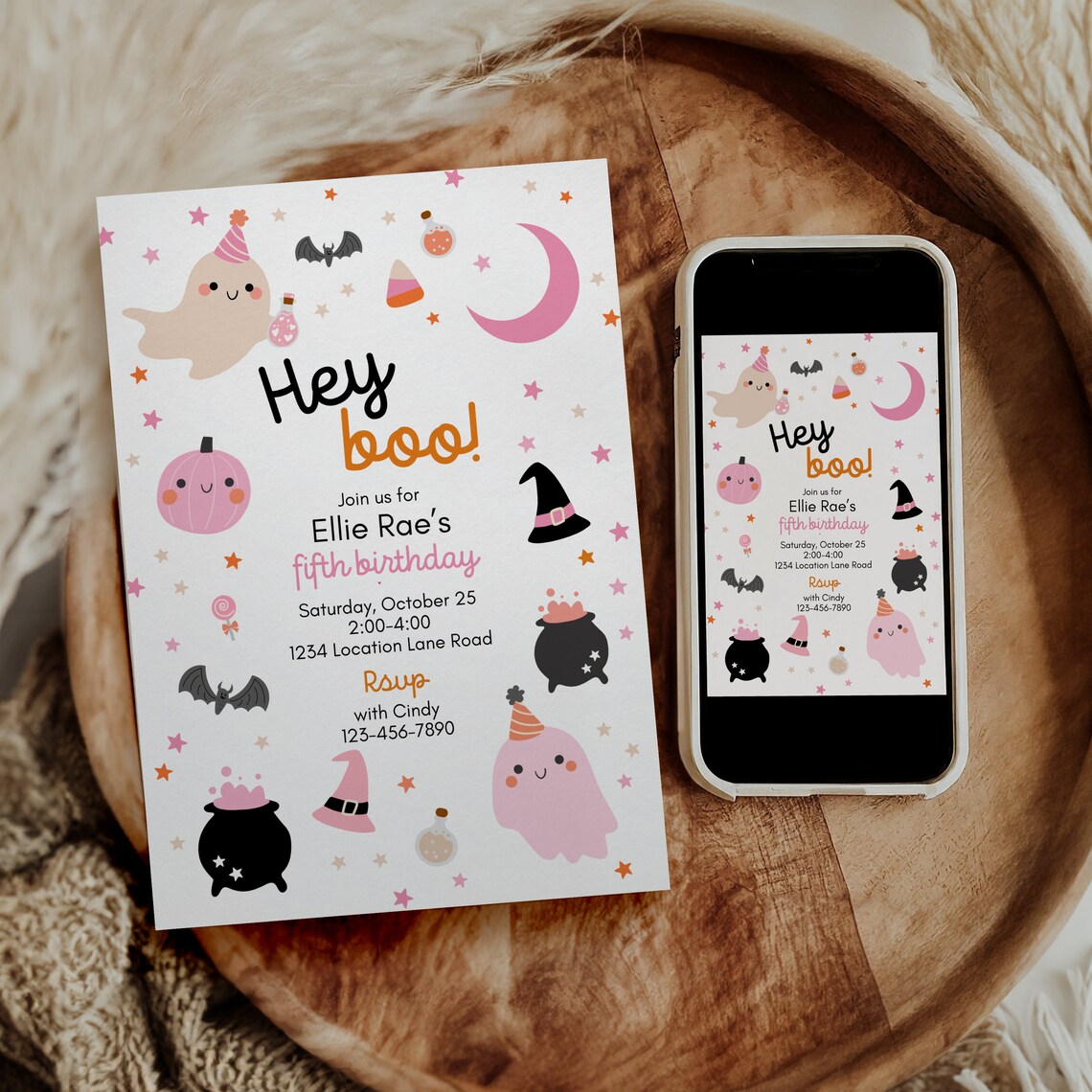 Hey Boo Girl Halloween Birthday Invitation Cute Pink Pastel Halloween ...