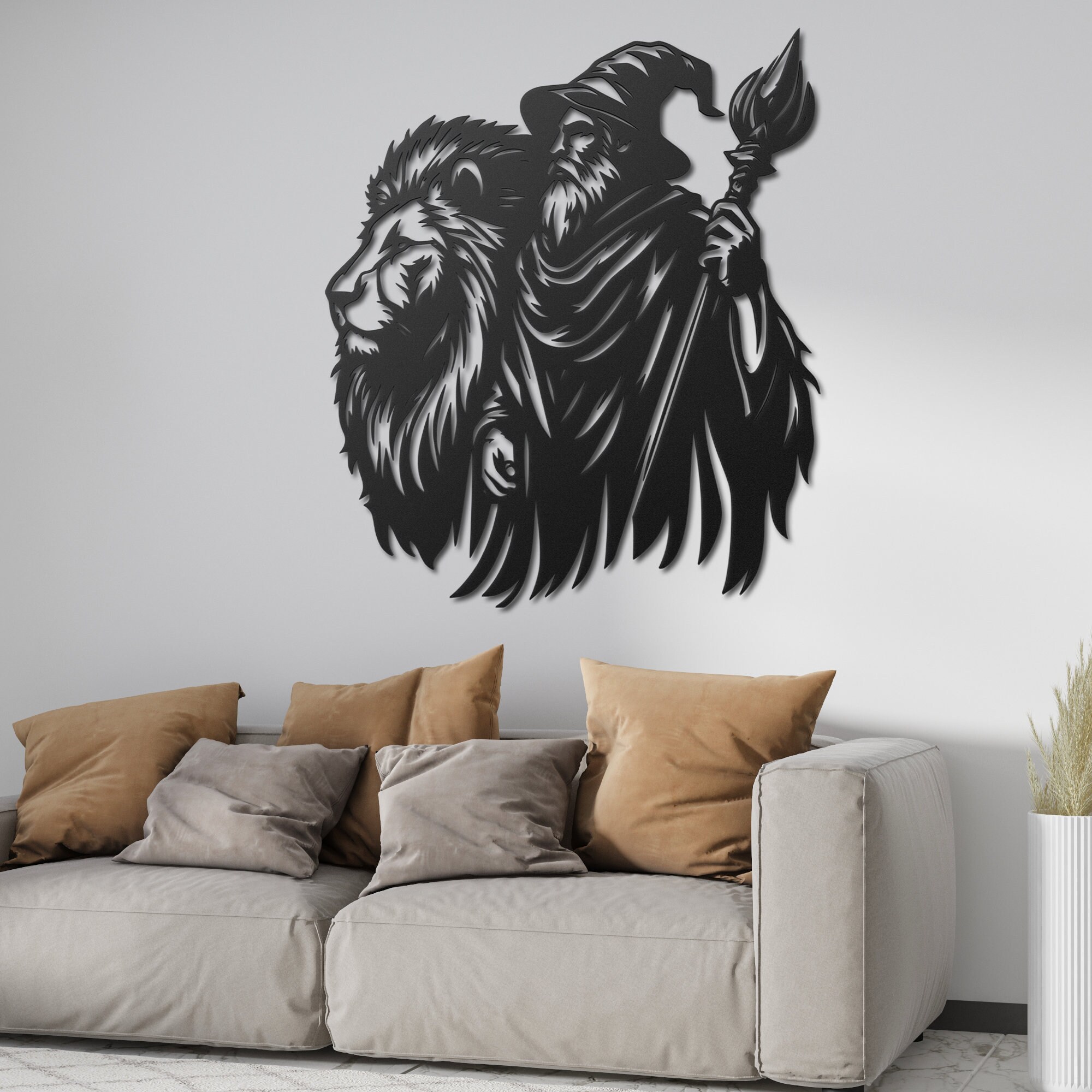 Wizard With Lion Metal Wall Art, Fantasy Art, Wizard Wall Decor - Etsy