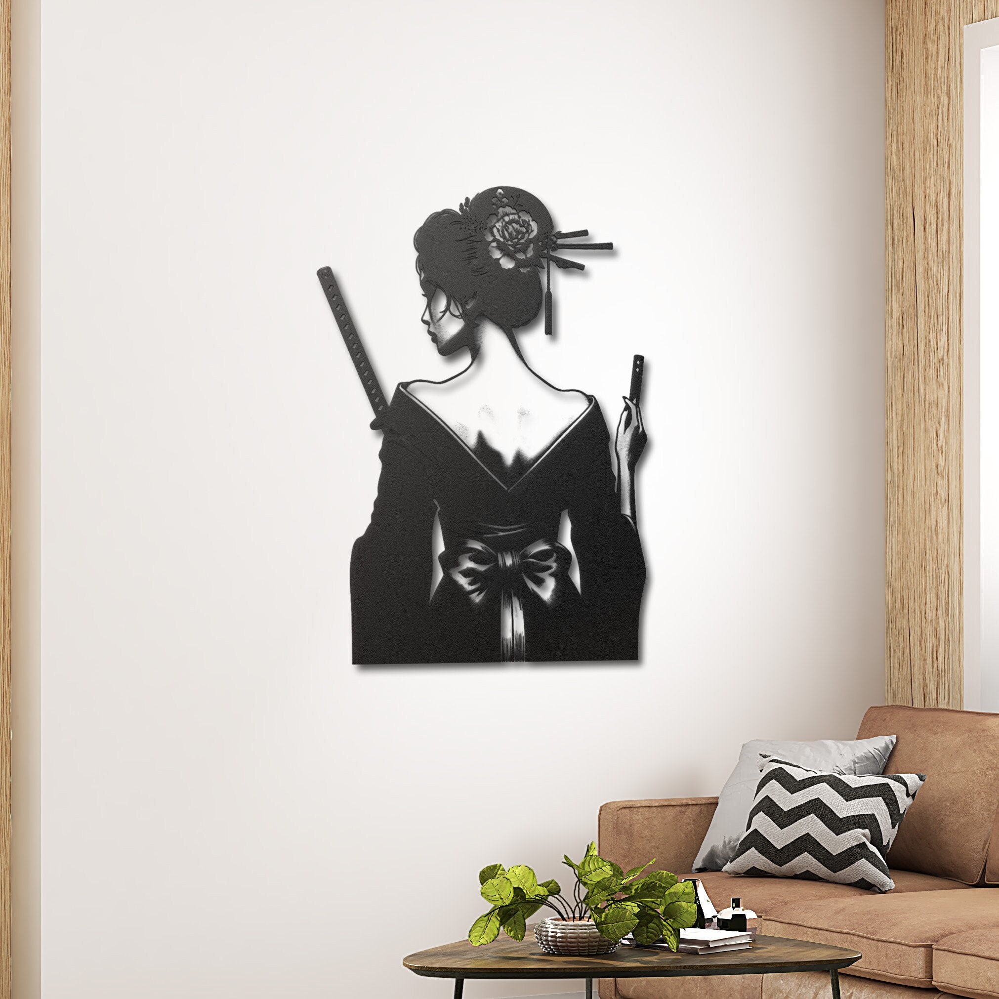 Geisha Metal Wall Art, Geisha With Katana Decor, Geisha Room Decor ...