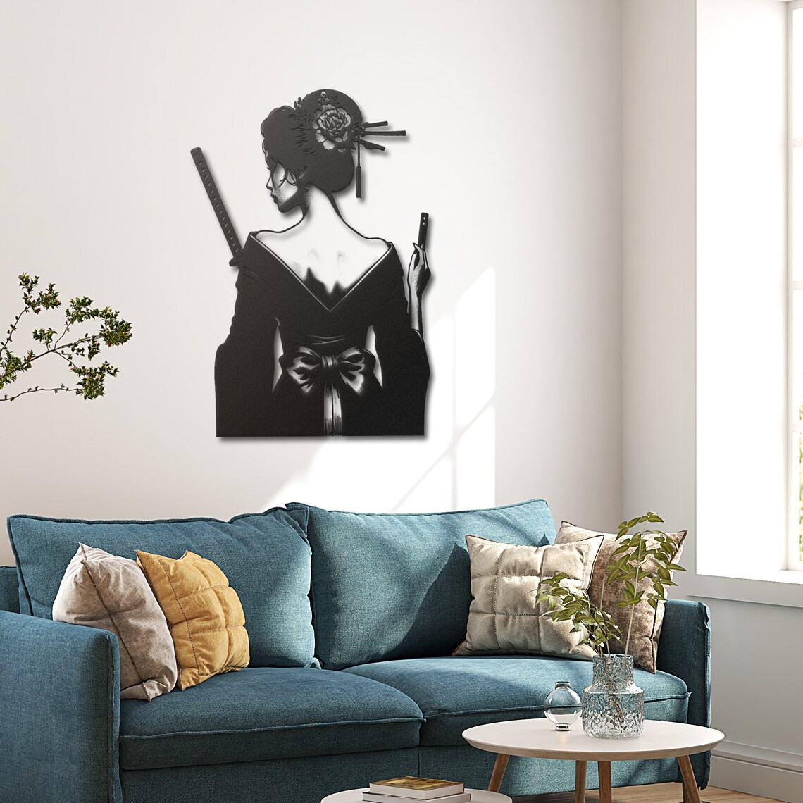 Geisha Metal Wall Art, Geisha With Katana Decor, Geisha Room Decor ...