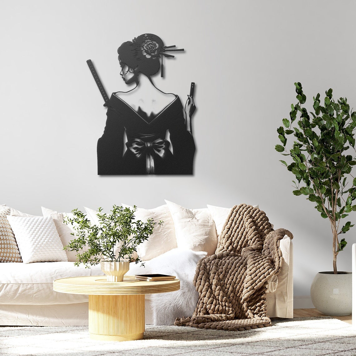 Geisha Metal Wall Art, Geisha With Katana Decor, Geisha Room Decor ...