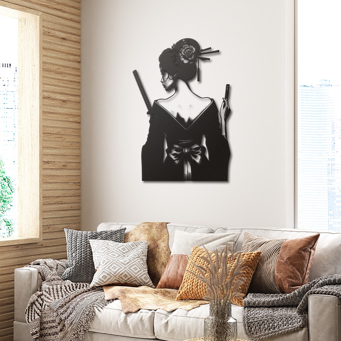 Geisha Metal Wall Art, Geisha With Katana Decor, Geisha Room Decor ...