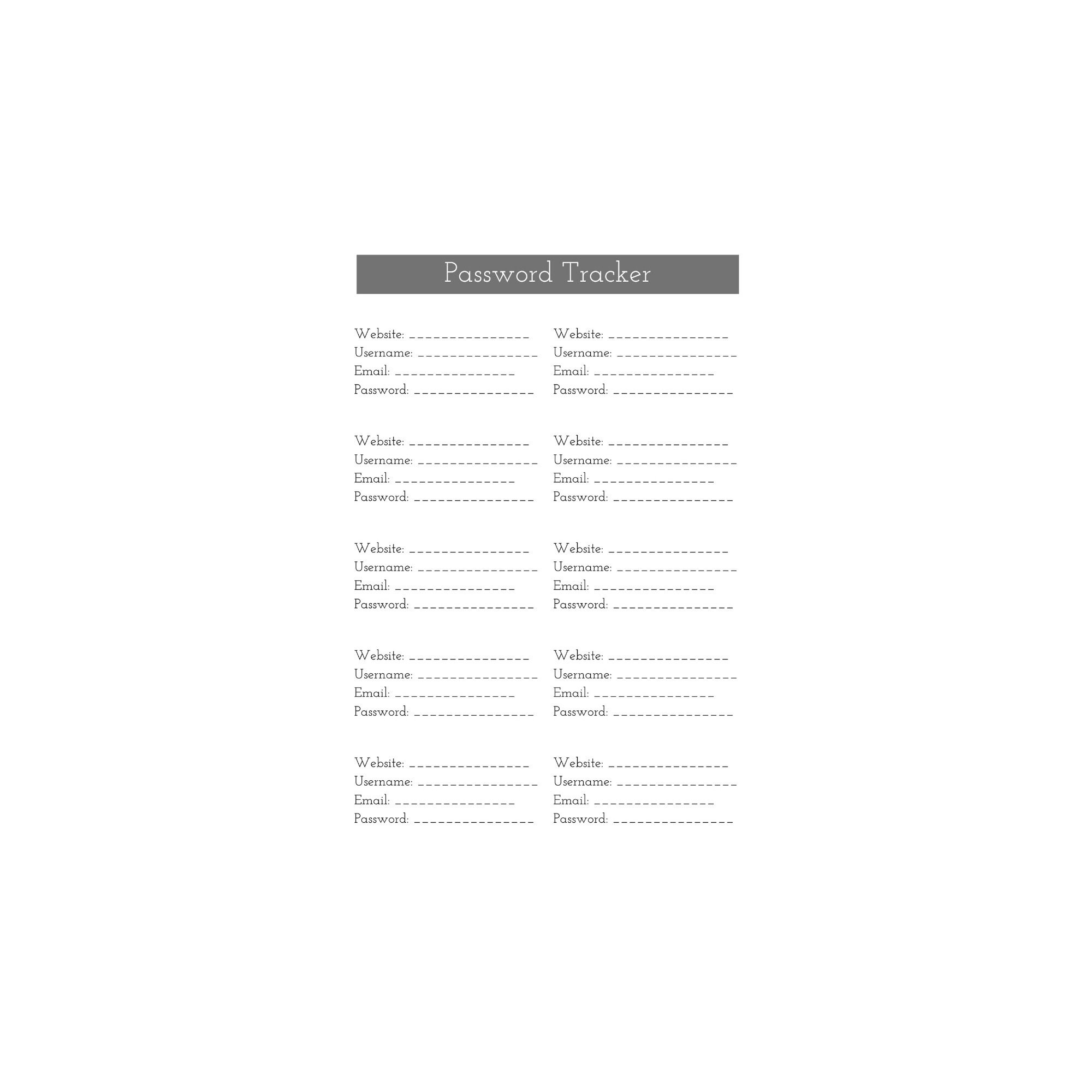 Password Tracker Printable Template Simple White Etsy