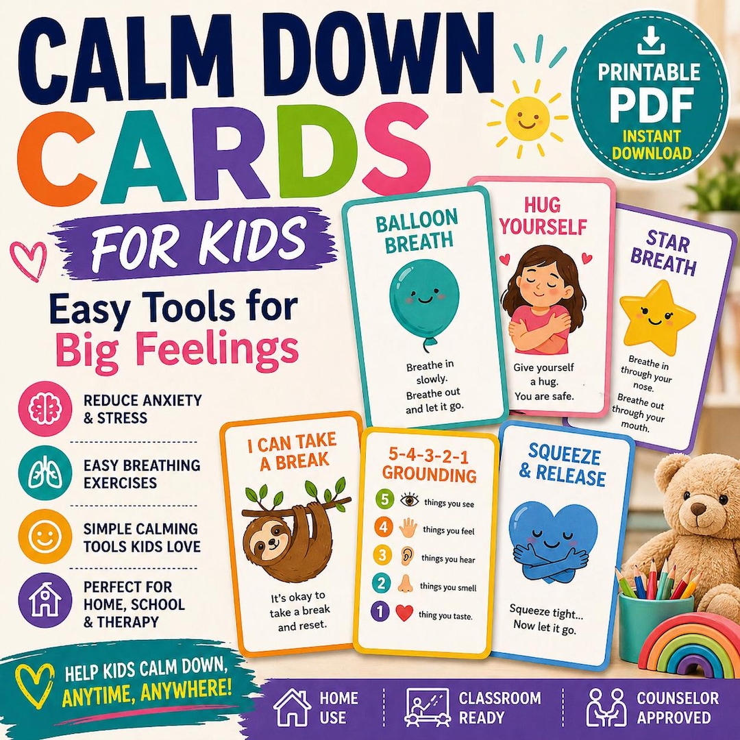 Calm Down Cards for Kids, ADHD Calming Cards Printable, Breathing Cards ...