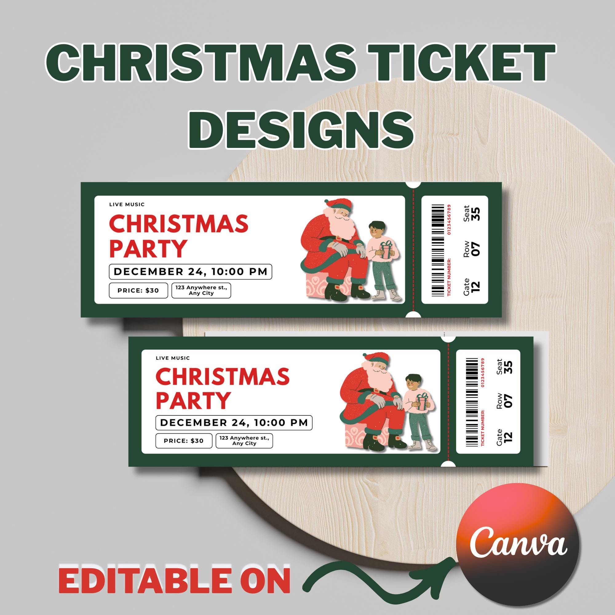 Christmas Party Ticket Template | Red Green White Illustrative Design ...