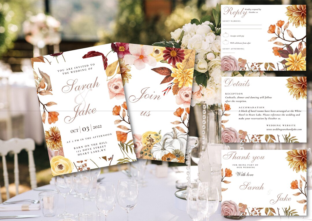 Editable Fall Wedding Invitation Set, Printable Wedding Invite, Digital ...