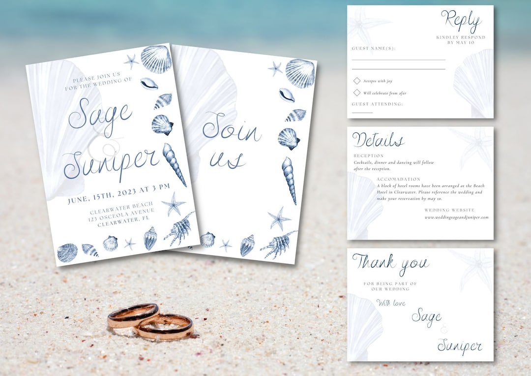 Editable Sea Shell Wedding Invitation Set, Printable Wedding Invite ...