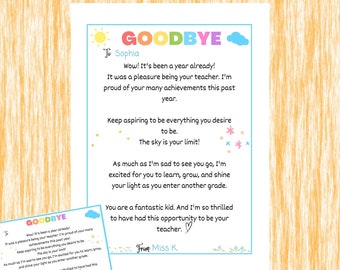 Teacher Goodbye Letter to Kids, Teacher End of School Letter Printable ...