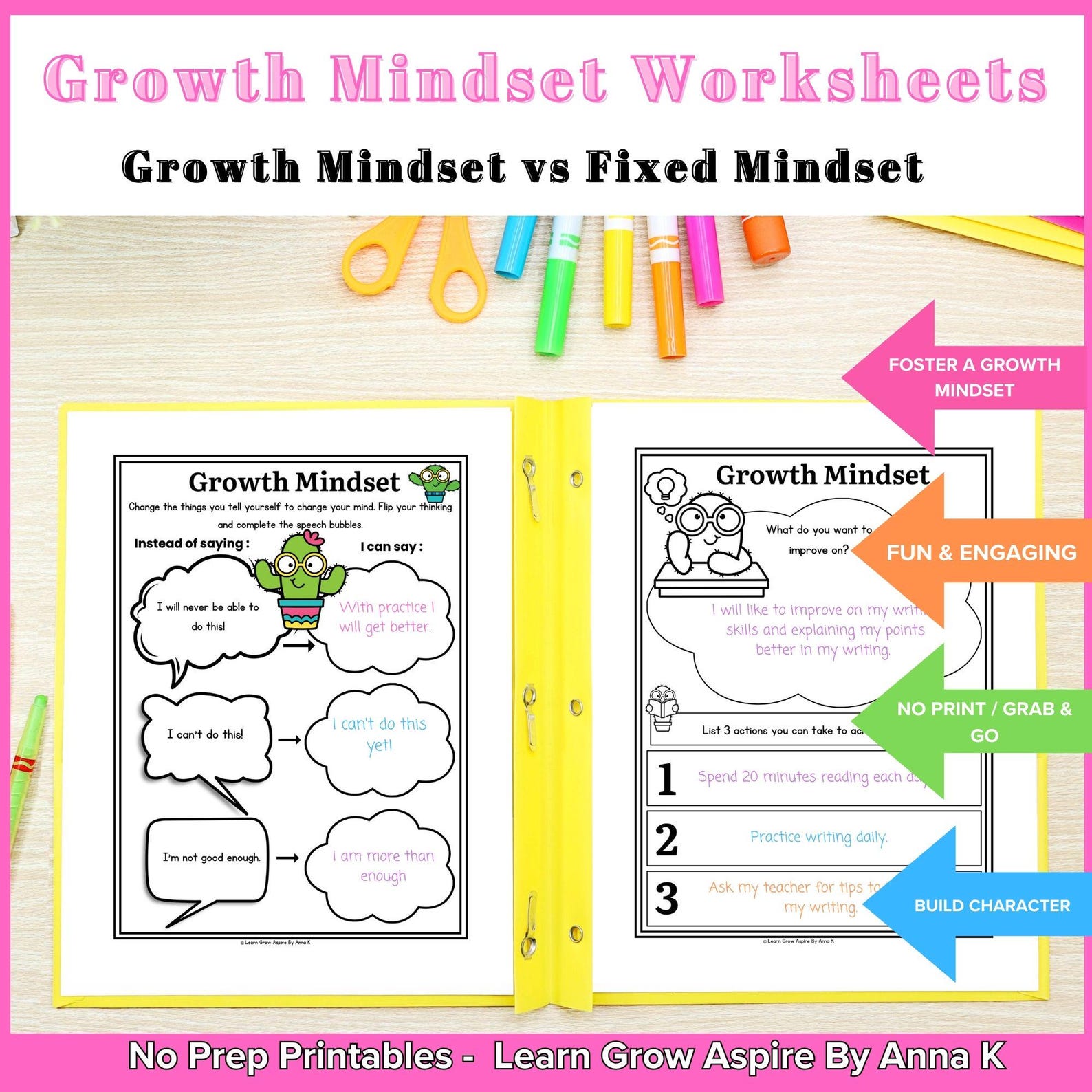 Growth Mindset Worksheets for Kids Printable PDF Download Power of yet ...
